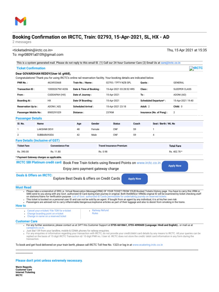 IRCTC Train Booking Confirmation | PDF | Credit Card | Debit Card