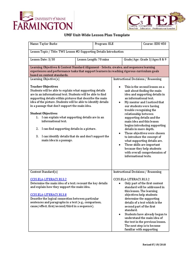 UMF Unit-Wide Lesson Plan Template: Teacher Objectives | PDF | Reading ...