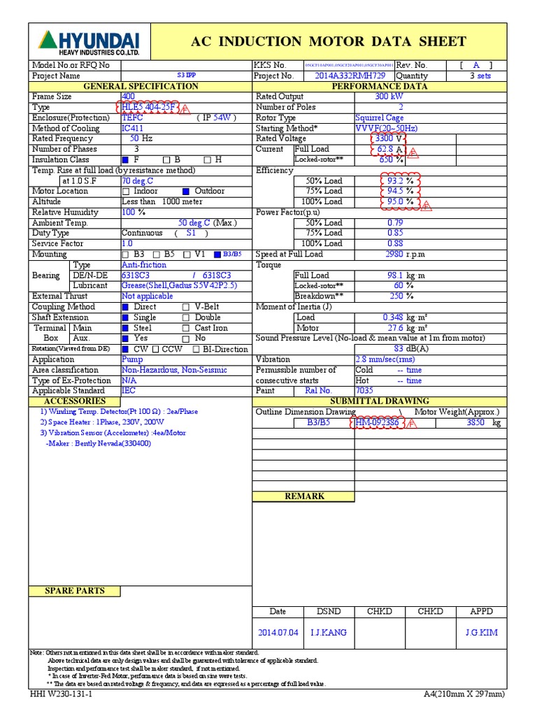 Ac Induction Motor Data Sheet: General Specification Performance Data ...