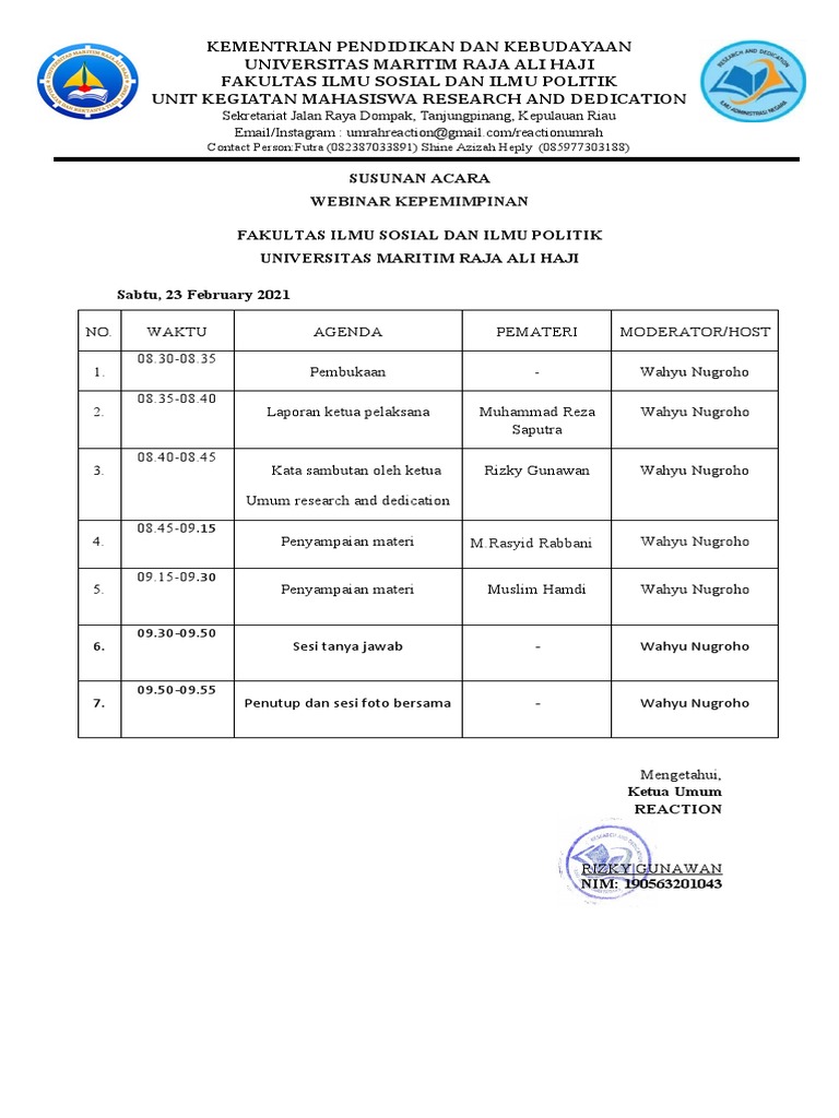 Rundown Acara Webinar Kepemimpinan REACTION UMRAH | PDF