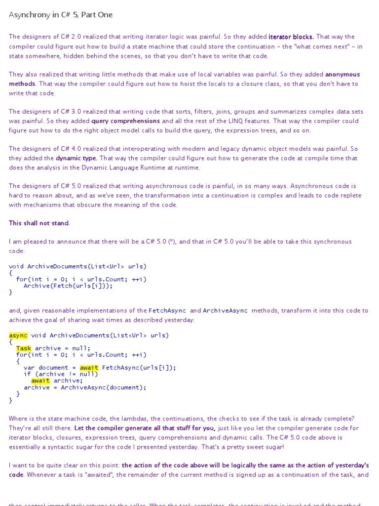 Asynchrony in C#5.0 | PDF | Thread (Computing) | C Sharp (Programming ...