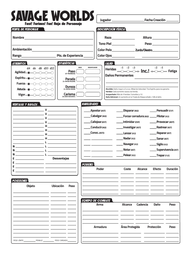 Savage Worlds Hoja de Personaje | PDF | Ocio | Deportes