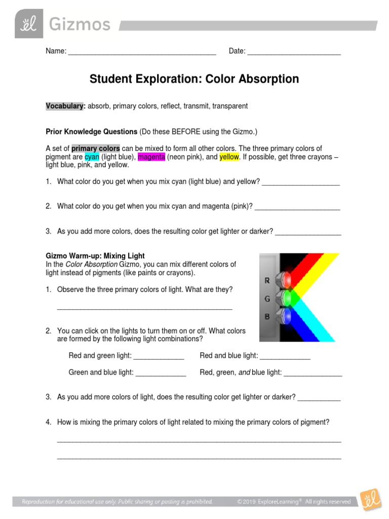 Student Exploration: Color Absorption: Vocabulary: Absorb, Primary ...