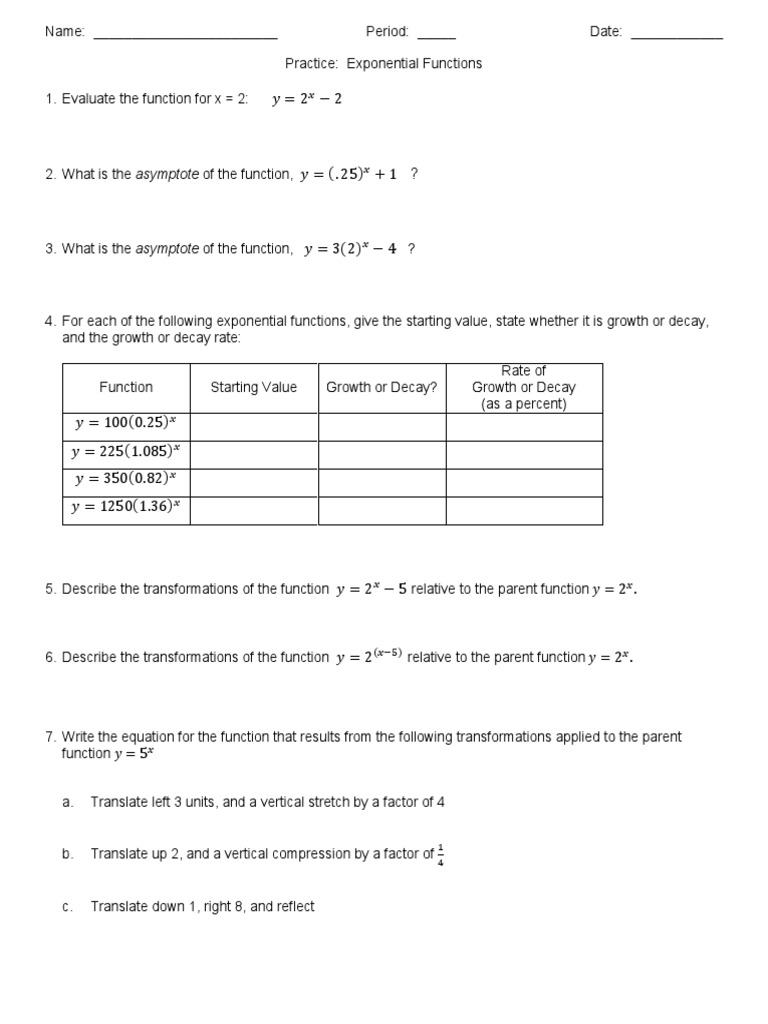 Study Guide Practice Problems For Exponentials Test Algebra 2020-21 ...