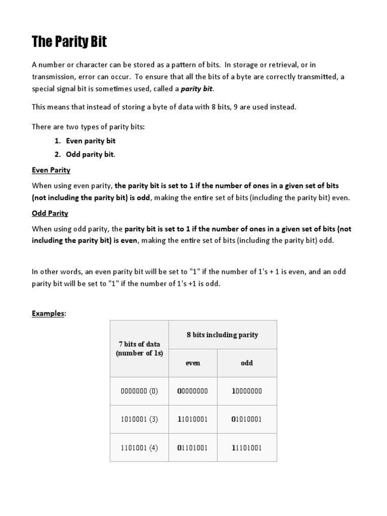 The Parity Bit: 7 Bits of Data (Number of 1s) 8 Bits Including Parity | PDF