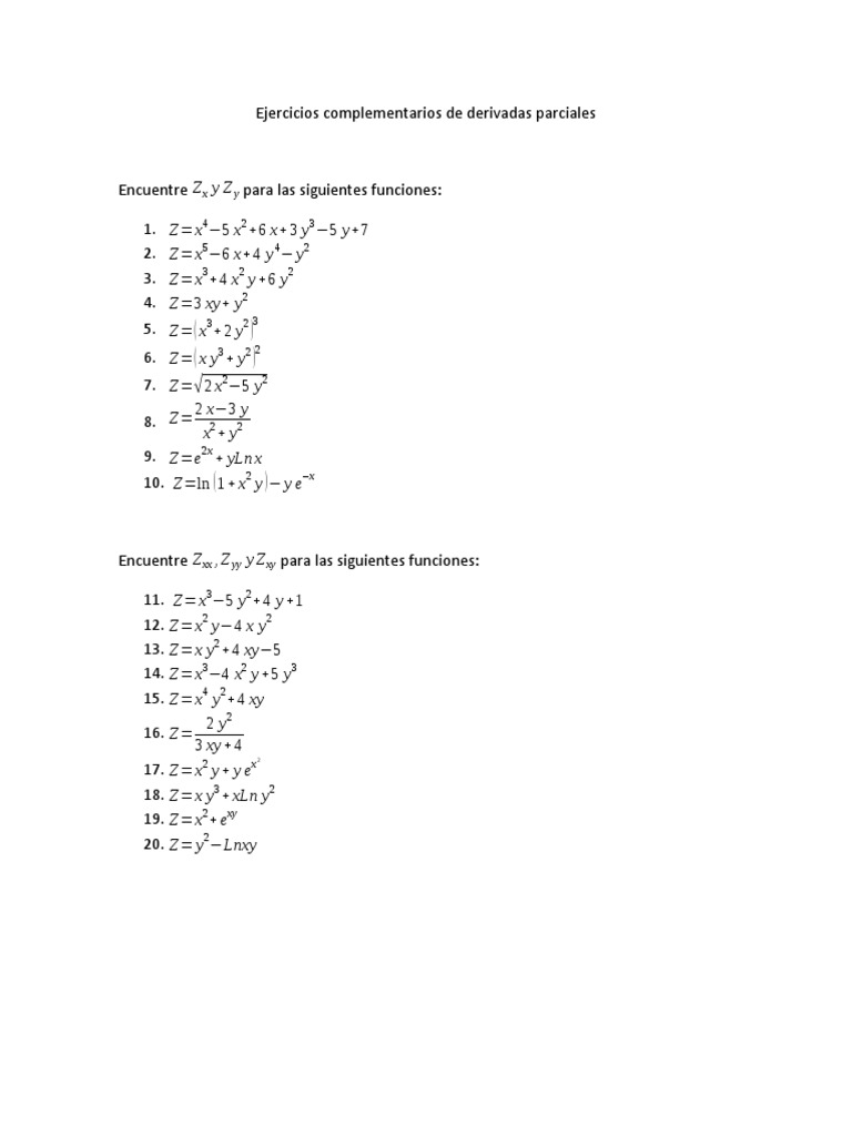 Ejercicios Complementarios de Derivadas Parciales | PDF