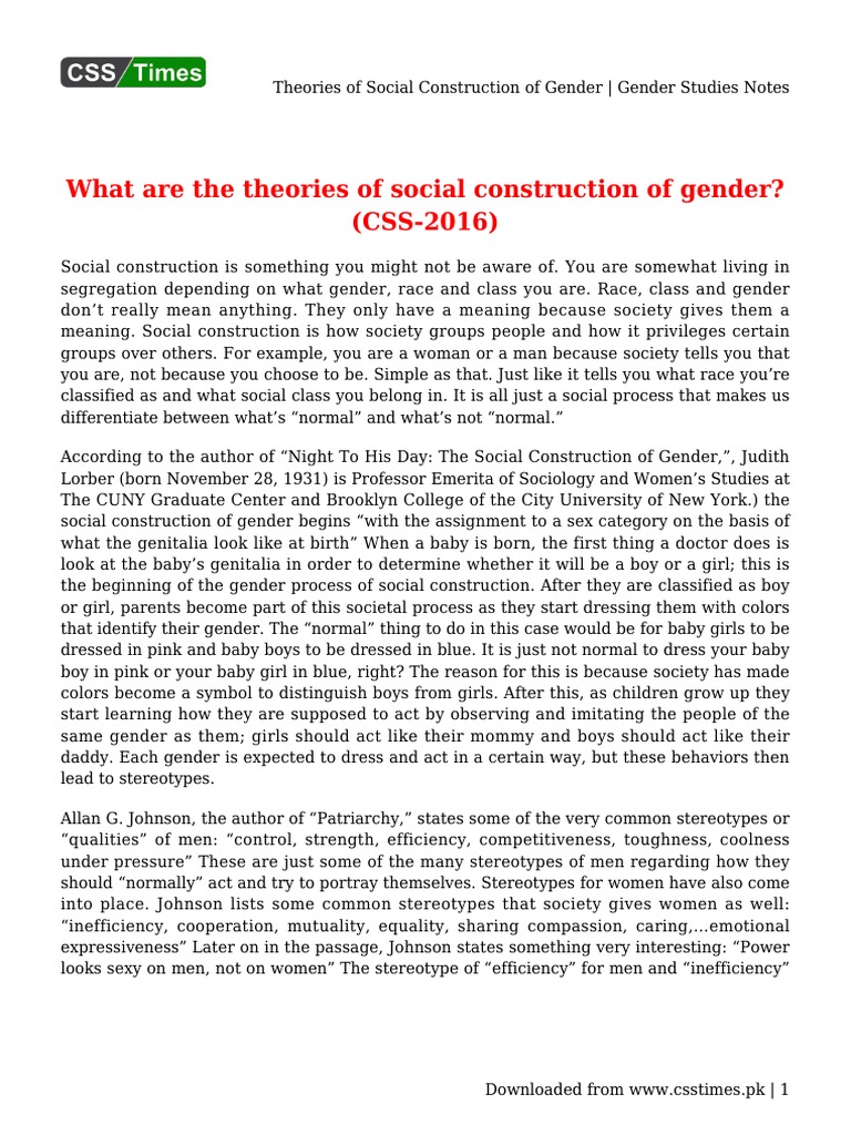 Theories of Gender Social Construction | PDF | Sexism | Gender
