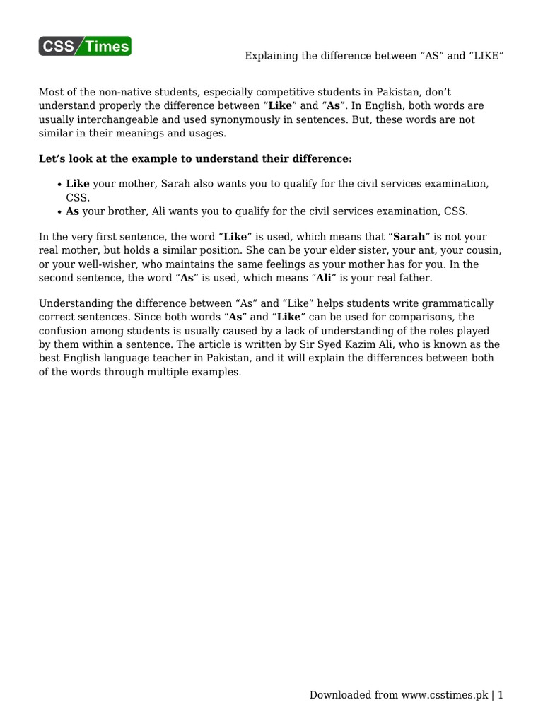 Explaining The Difference Between "AS" and "LIKE" | PDF | Noun | Adjective