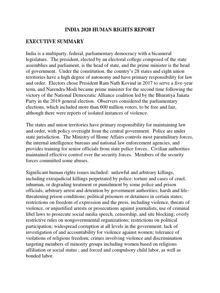 India 2020 Human Rights Report | PDF | Remand (Detention) | Detention ...