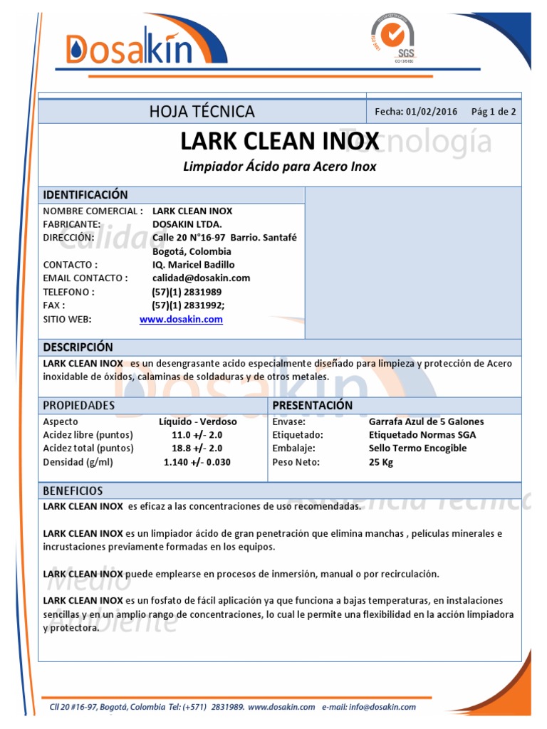 Lark Clean Inox | PDF | Acero | Sustancias químicas