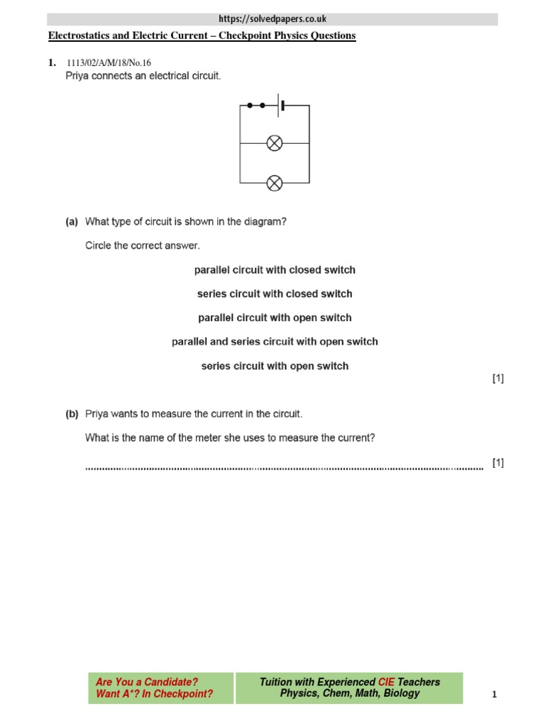 Electrostatics and Electric Current - Checkpoint Physics Questions 1 ...