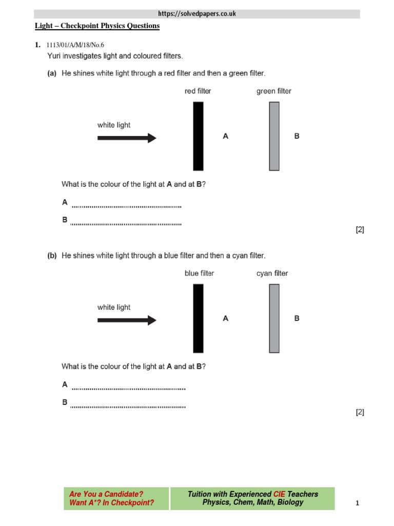 Light - Checkpoint Physics Questions 1.: 1113/01/A/M/18/No.6 | Download ...
