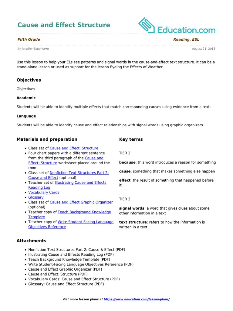 El Support Lesson Cause and Effect Structure | PDF | Reading ...