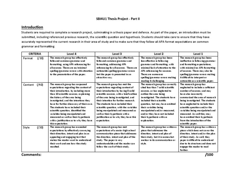 Grade 12 Thesis Project Introduction Rubric | PDF | Hypothesis | Human ...