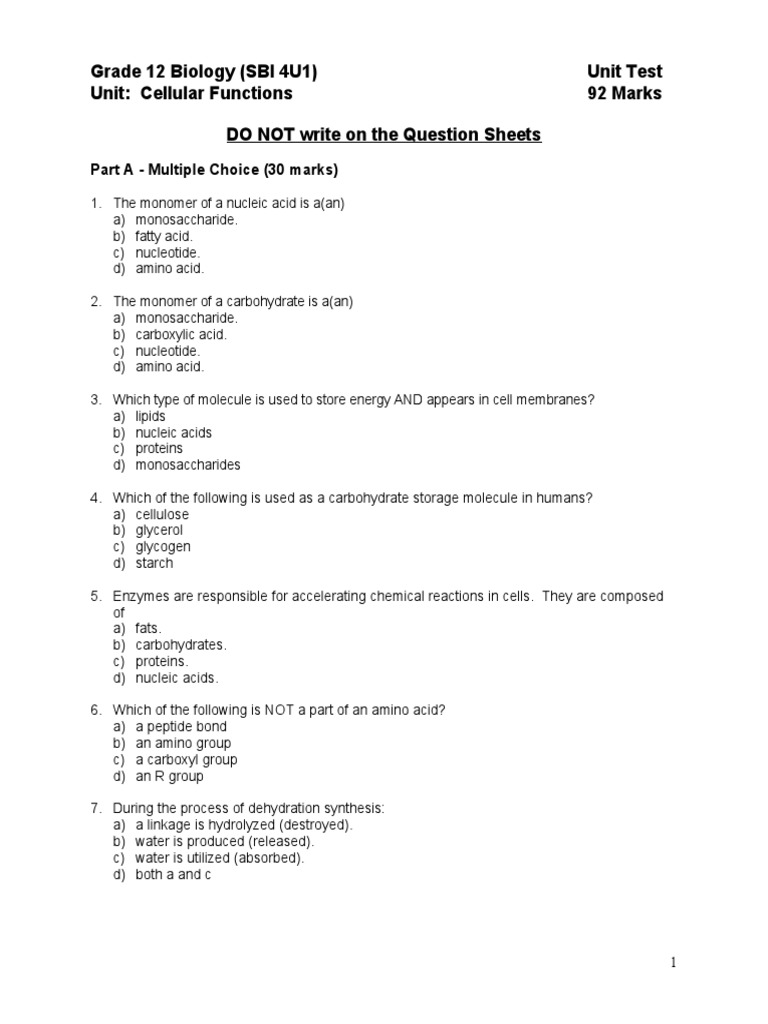 Grade 12 Biochemistry Unit Test | PDF | Cellular Respiration | Cell ...