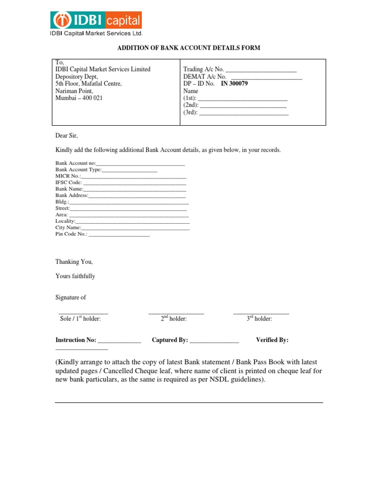 Addition of Bank Account Details Form: ST ND RD | PDF