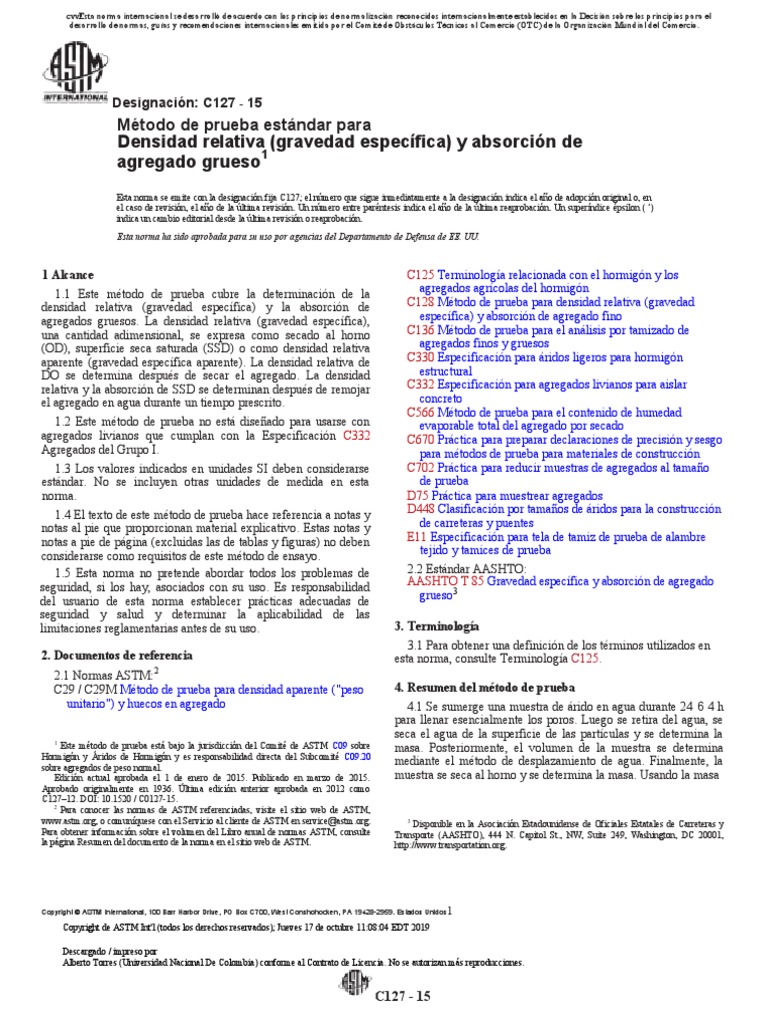 ASTM C127.en - Es | PDF | Densidad | Absorción (Química)