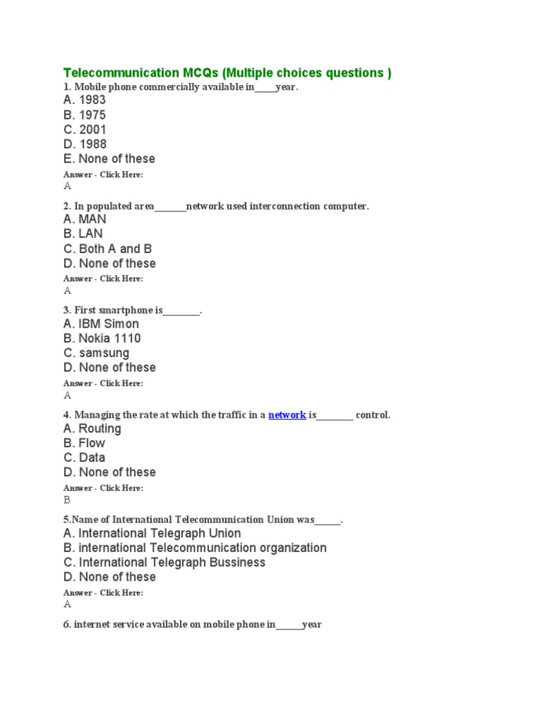 Telecommunication Mcqs (Multiple Choices Questions) : Answer - Click ...