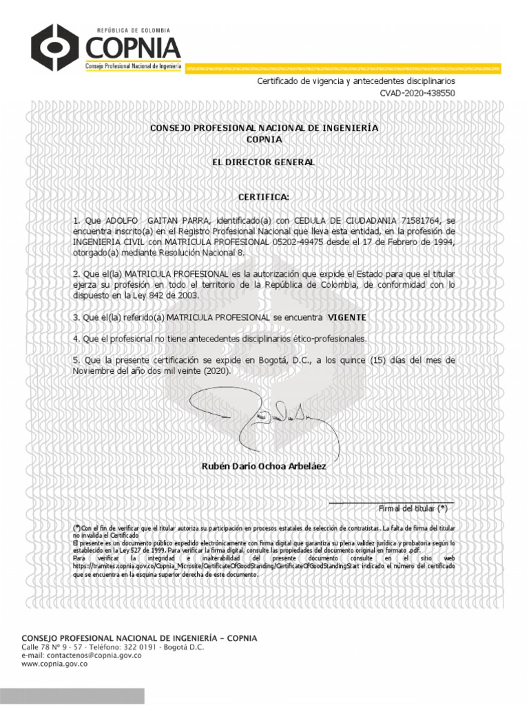 Cert Vigencia Adolfo Gaitan | PDF