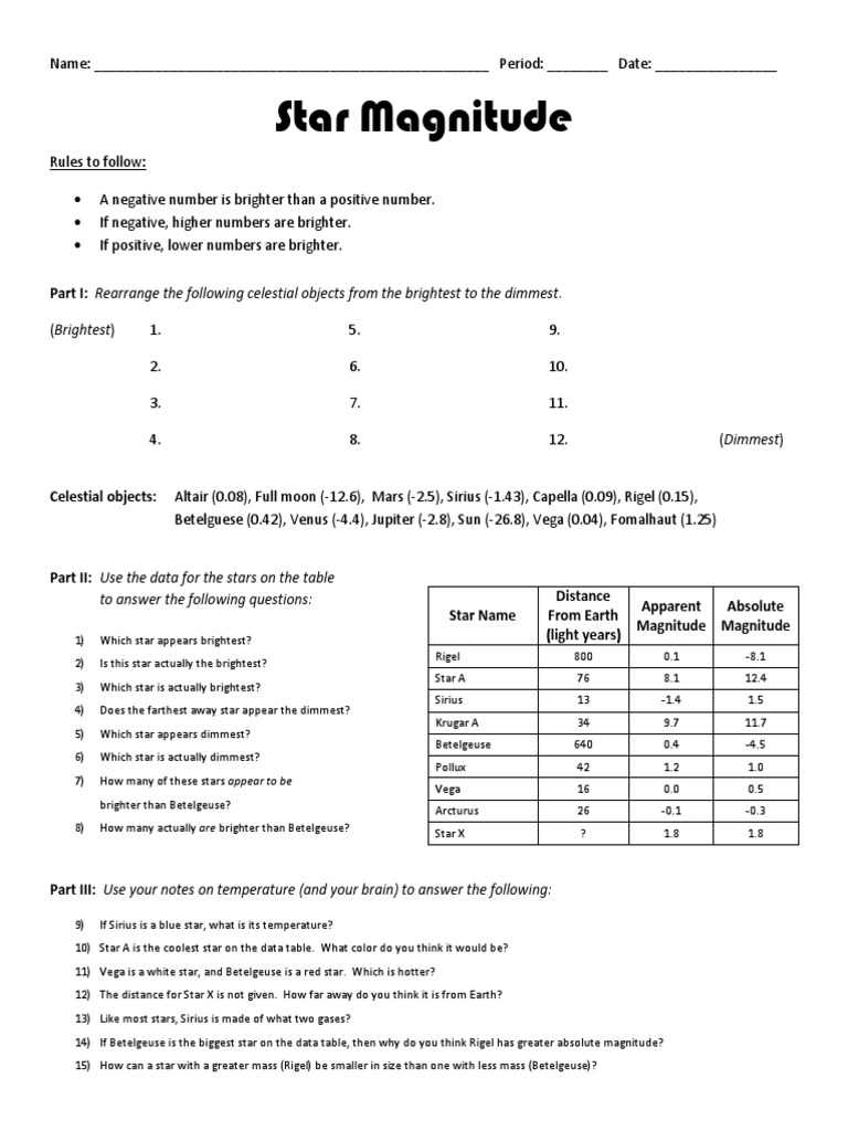 10 - Star Magnitude Worksheet | PDF | Apparent Magnitude | Stars
