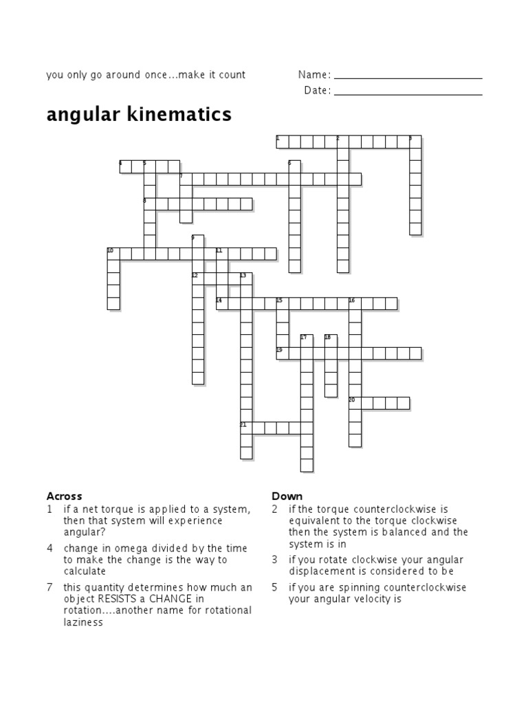 Angular Kinematics Crossword | PDF | Torque | Rotation Around A Fixed Axis