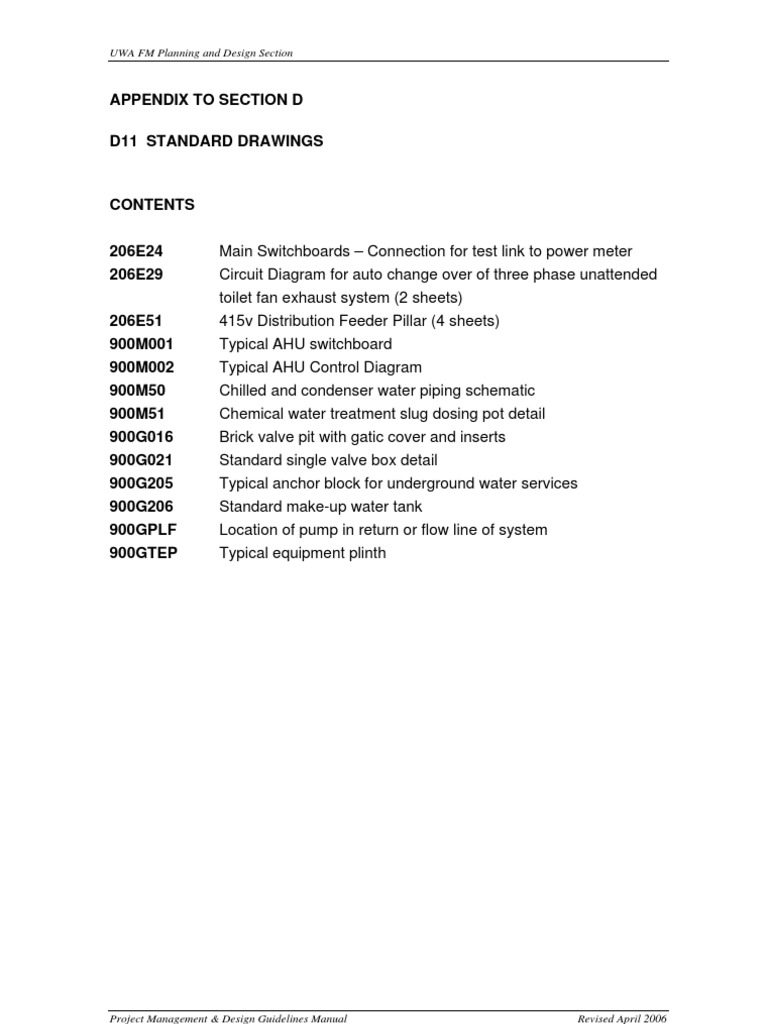 Appendix To Section D D11 Standard Drawings: UWA FM Planning and Design Section | PDF | Valve ...