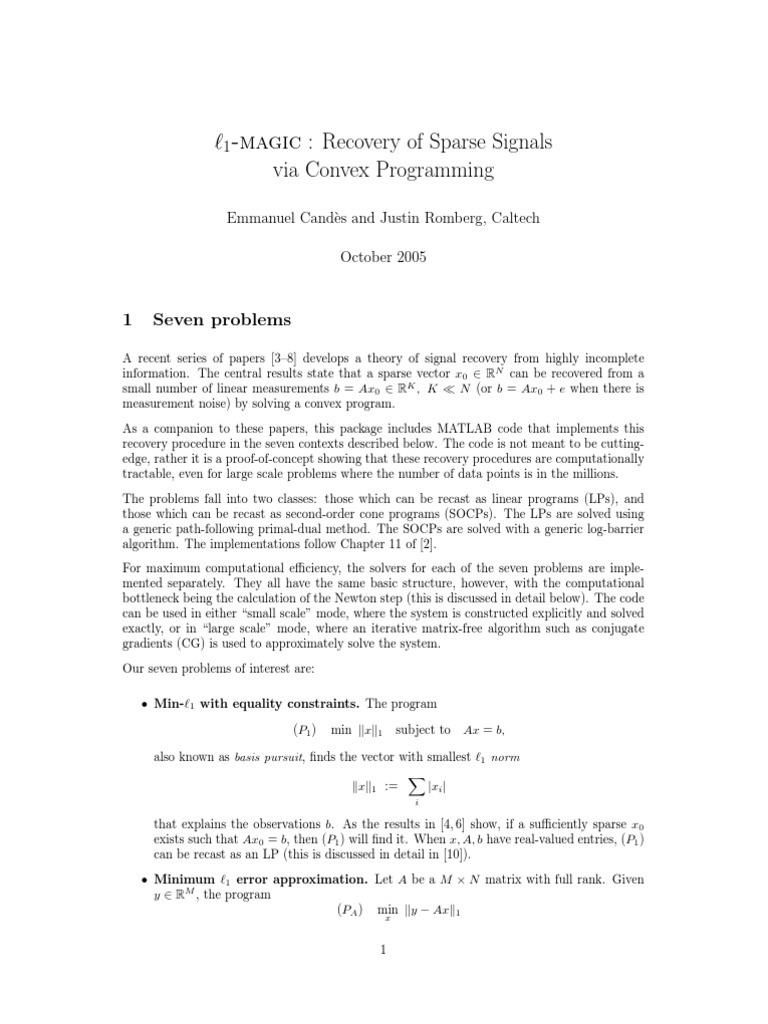 Magic: Recovery of Sparse Signals Via Convex Programming | PDF | Mathematical Optimization ...
