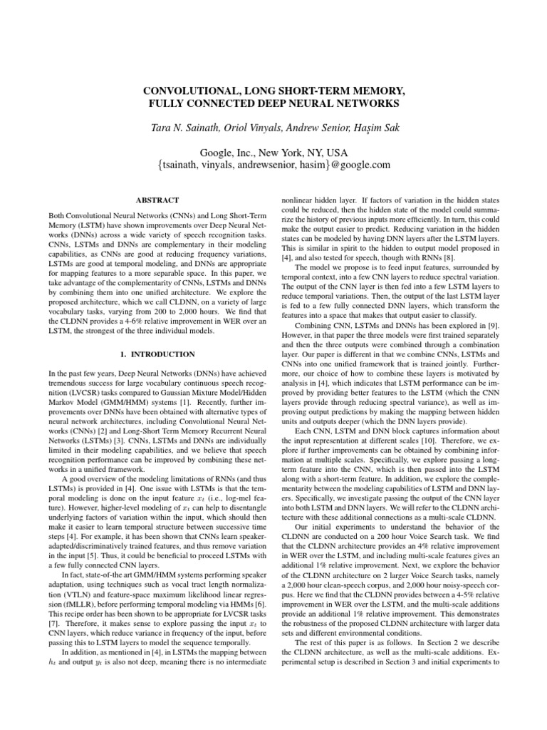 Convolutional Long Short Term Memory Fully Connected Deep Neural Networks Download Free Pdf
