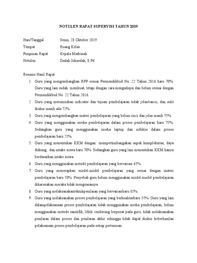 Notulen Rapat Supervisi Madrasah 2019 | PDF | Karier & Perkembangan