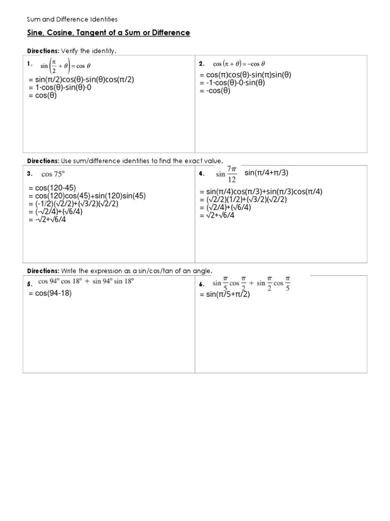 Sum and Difference Identities in Trigonometry | PDF