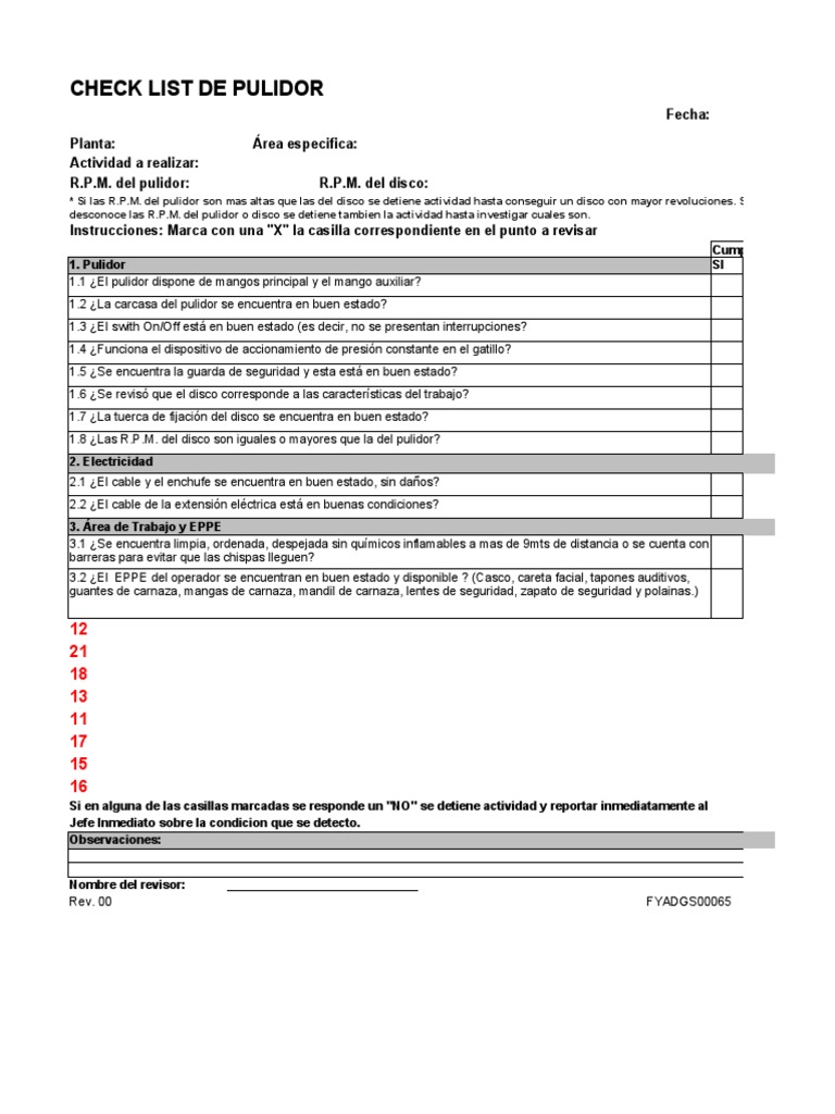 FYADGS00065 R0 (Adjunto) Check List Pulidor | PDF