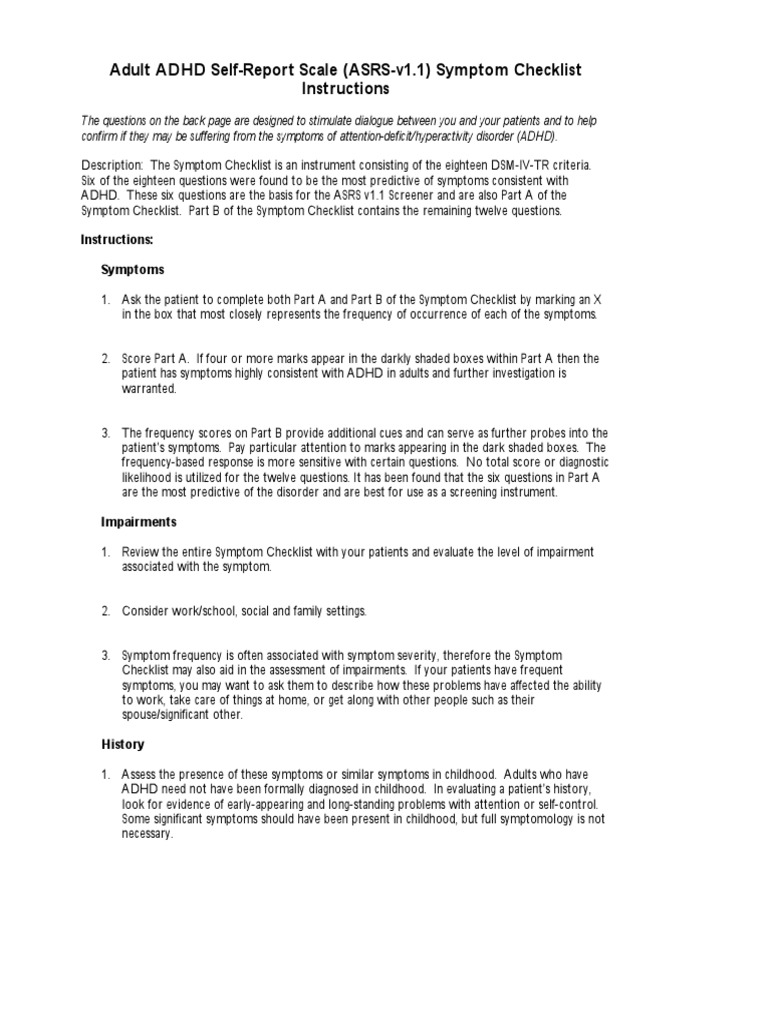 Adult ADHD Self-Report Scale (ASRS-v1.1) Symptom Checklist Instructions ...