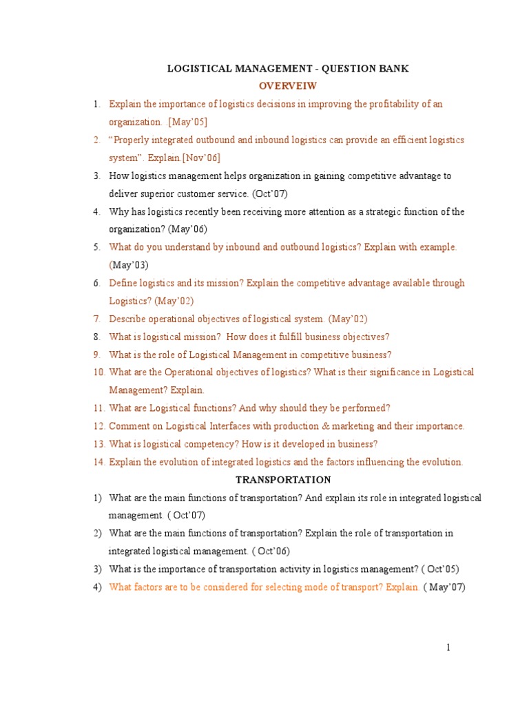 Logistical Management Question Bank | PDF | Logistics | Warehouse