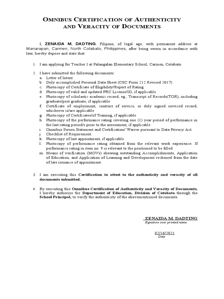 Omnibus Certification of Authenticity and Veracity of Documents | PDF