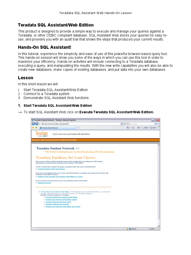 Teradata SQL Assistant Web Hands-On Lesson | PDF | Microsoft Access | Comma Separated Values