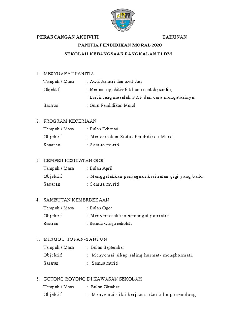 Perancangan Aktiviti Panitia Pendidikan Moral SK | PDF