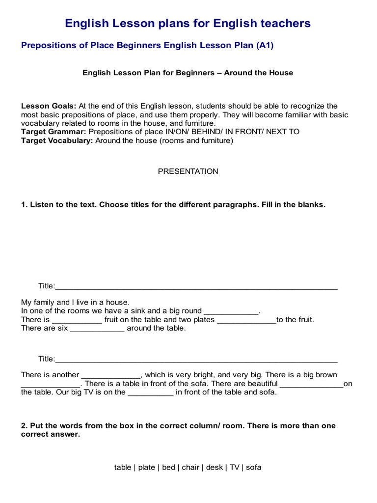 English Lesson Plans For English Teachers: Prepositions of Place ...