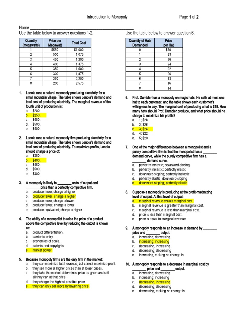 Introduction To Monopoly Page 1 of 2 Name - Use The Table Below To Answer Questions 1-2. Use The ...