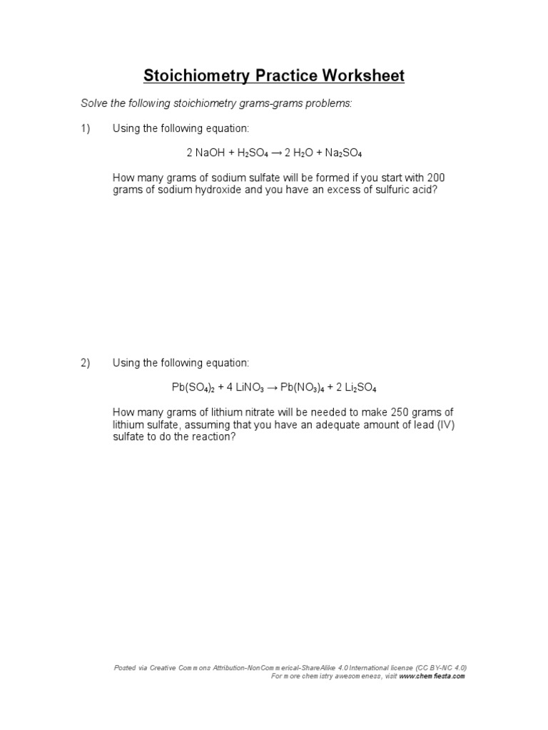 Stoichiometry Practice Worksheet | PDF
