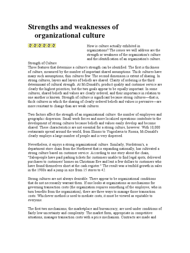 Strengths and weaknesses of organizational culture | Organizational ...