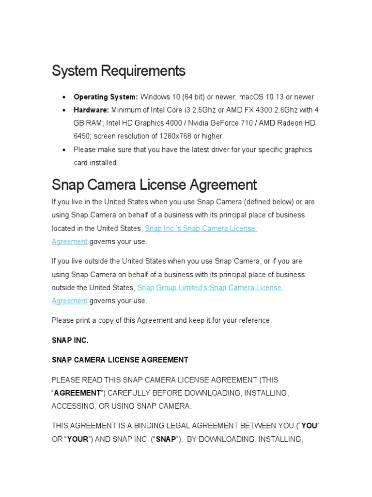 System Requirements: Snap Inc.'s Snap Camera License Agreement | PDF ...