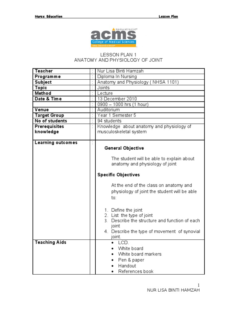 LESSON - PLAN Joint | PDF | Joint | Musculoskeletal System