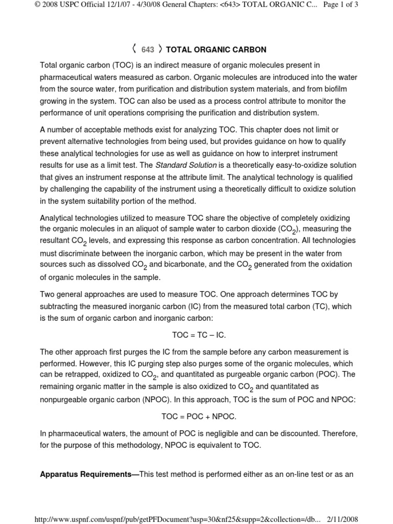 USP Chapter 643 TOC | PDF | Total Organic Carbon | Chemistry