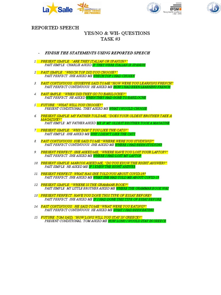 Reported Speech Yes/No & Wh-Questions Task #3 | PDF