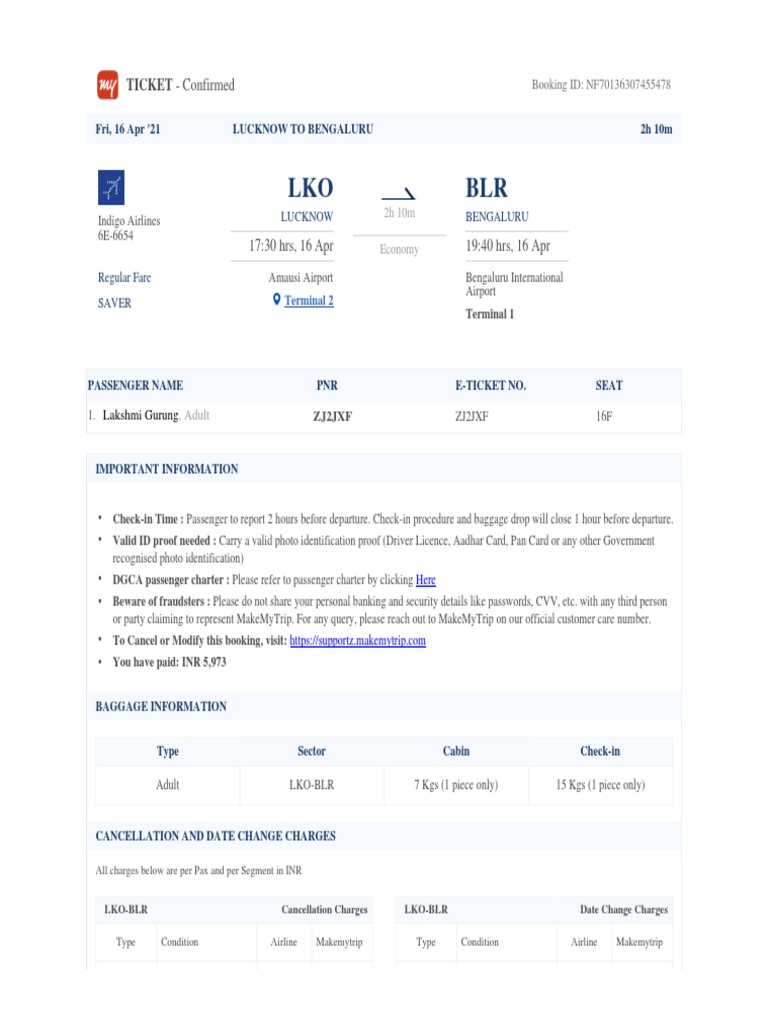 LKO BLR: TICKET - Confirmed | PDF | Aviation | Transport