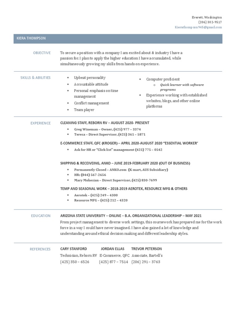 Kiera Thompson - Resume 2021 Grad | PDF | Cognition | Psychological ...