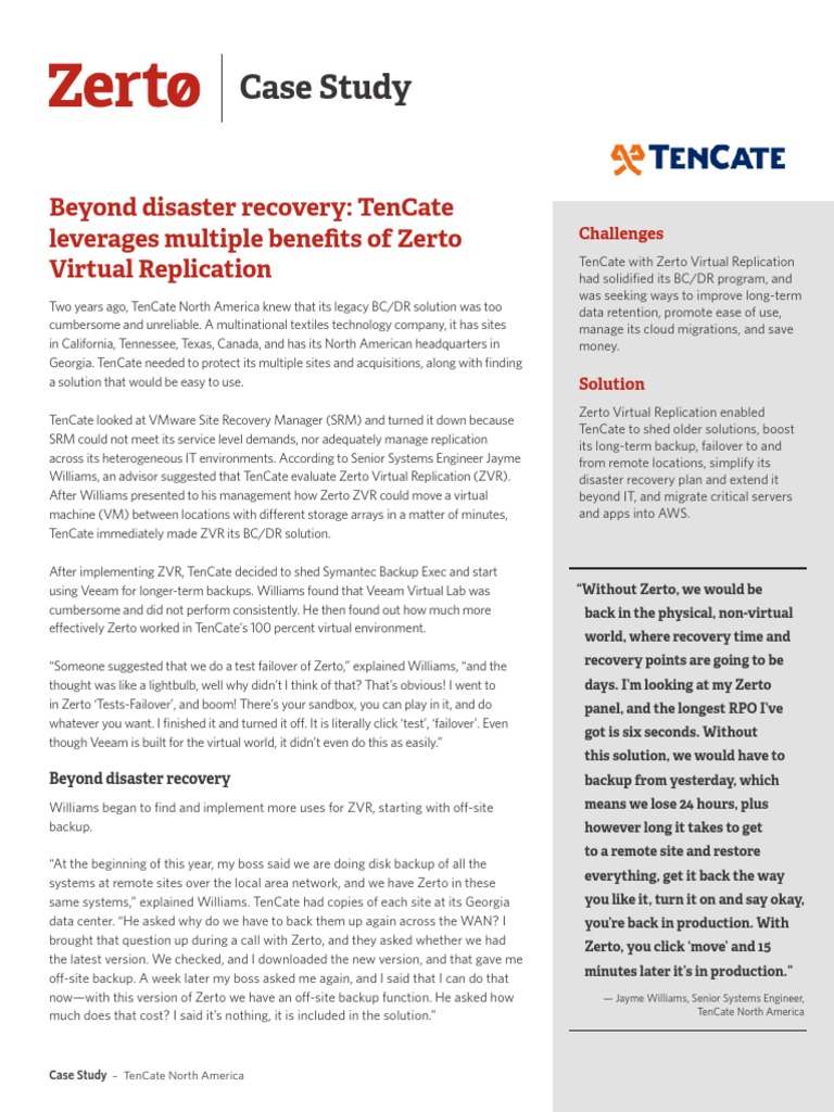 Case Study: Beyond Disaster Recovery: Tencate Leverages Multiple Benefits of Zerto Virtual ...
