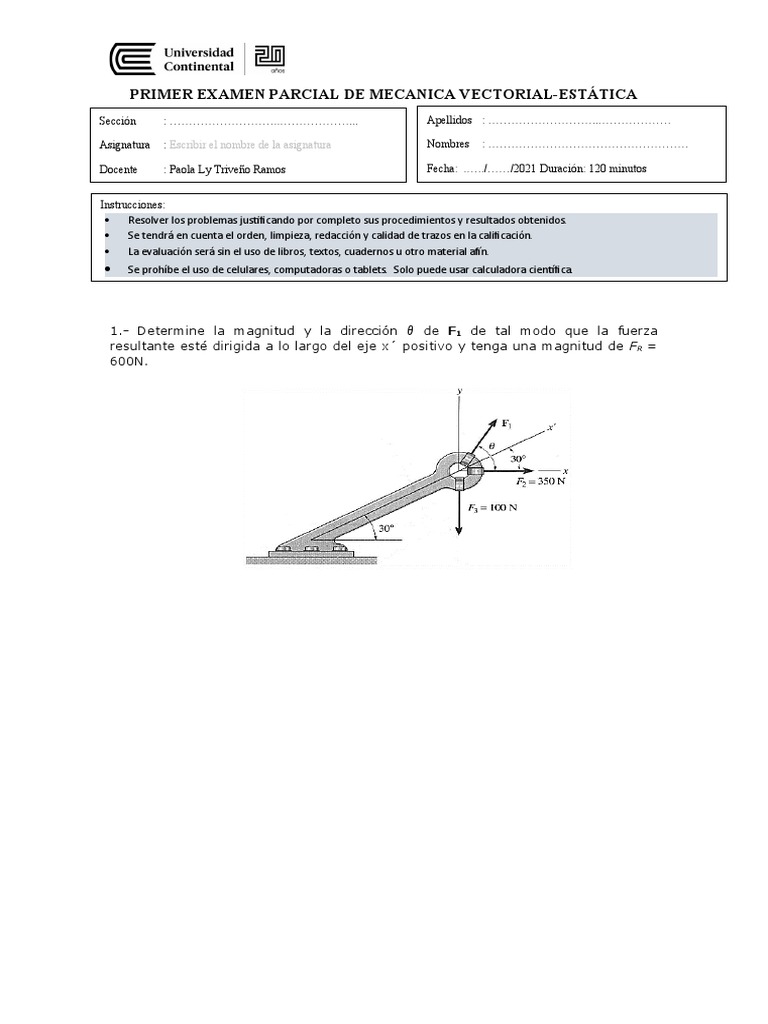 1er Examen Parcial - Mecanica Vectorial - Estática | PDF
