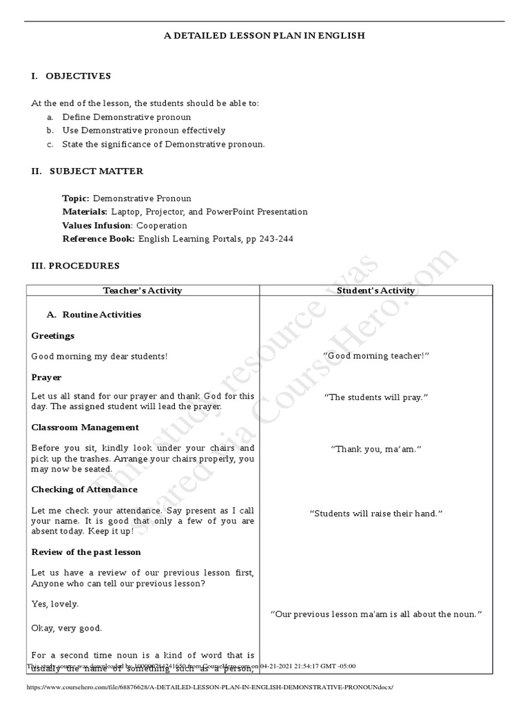 A Detailed Lesson Plan in English Demonstrative Pronoun | PDF ...