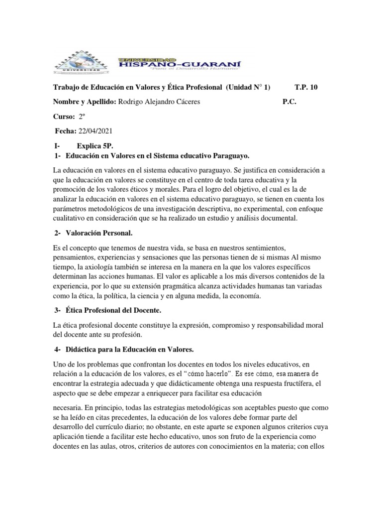 Trabajo de Educación en Valores y Ética Profesional Rodrigo | PDF ...